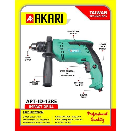 Akari Impact Drill Machine 650W 13mm Aptid13Re - UNBOXTOOLS